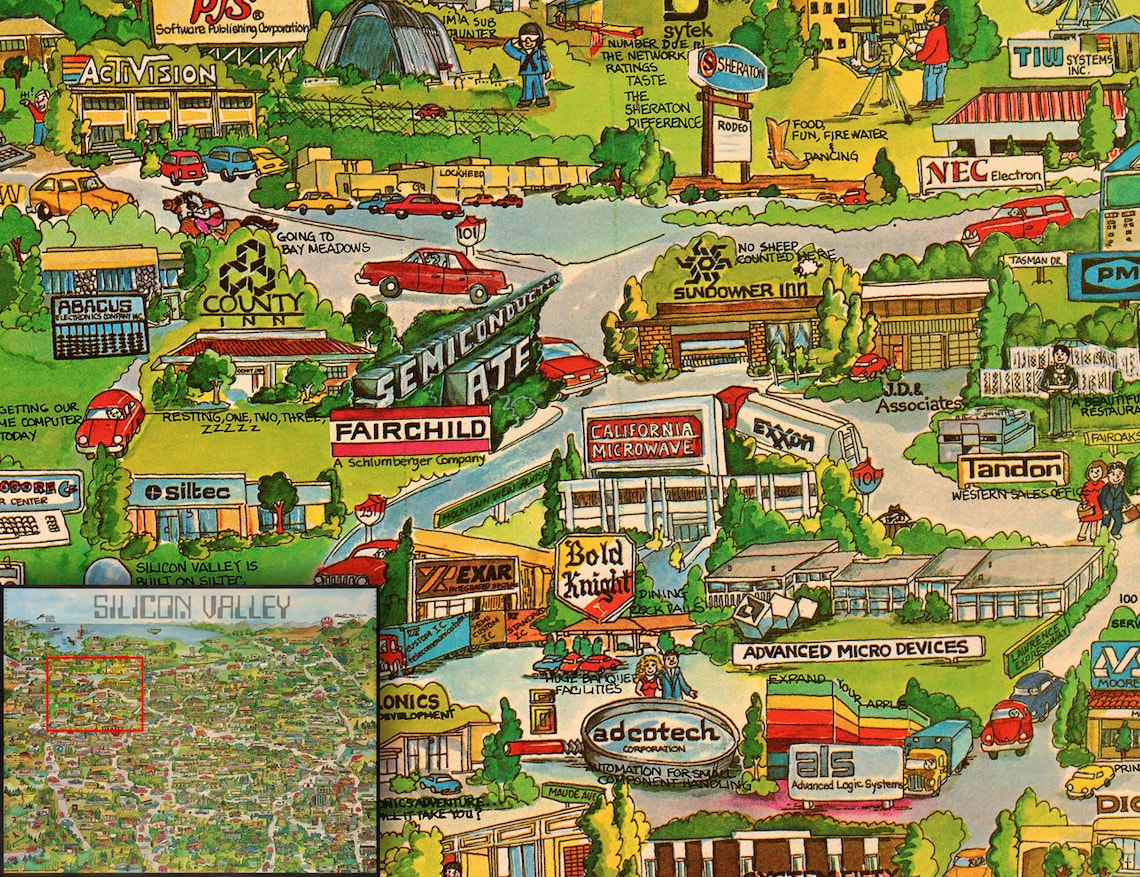 Silicon Valley / California Map Corp / US Old Map IT Digital Poster ...