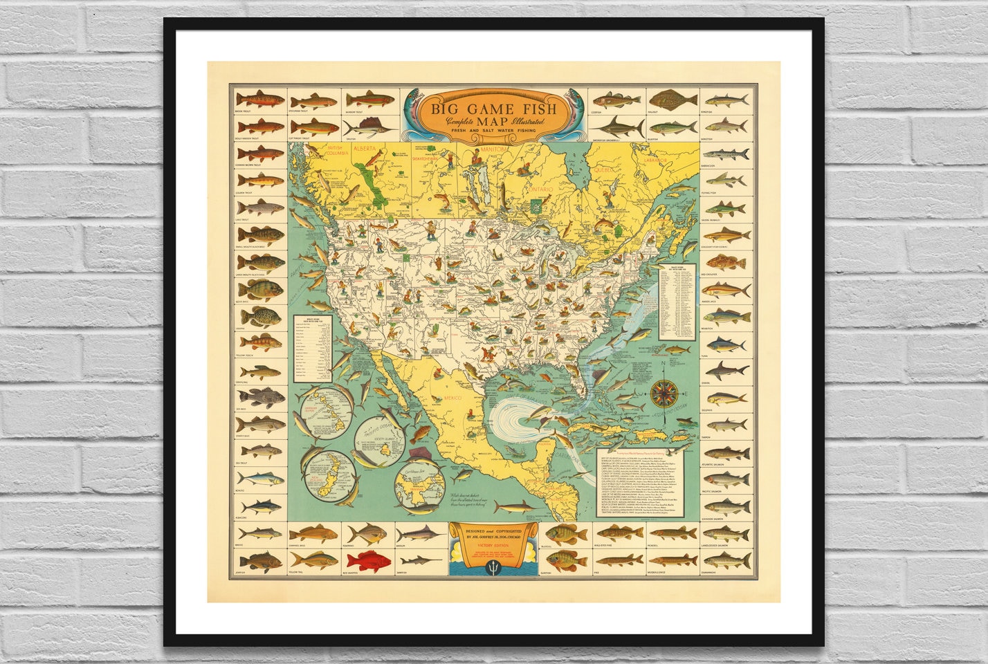 Big Game Fish Digital Poster Map / Fishes Animals Fine Art / Large USA ...