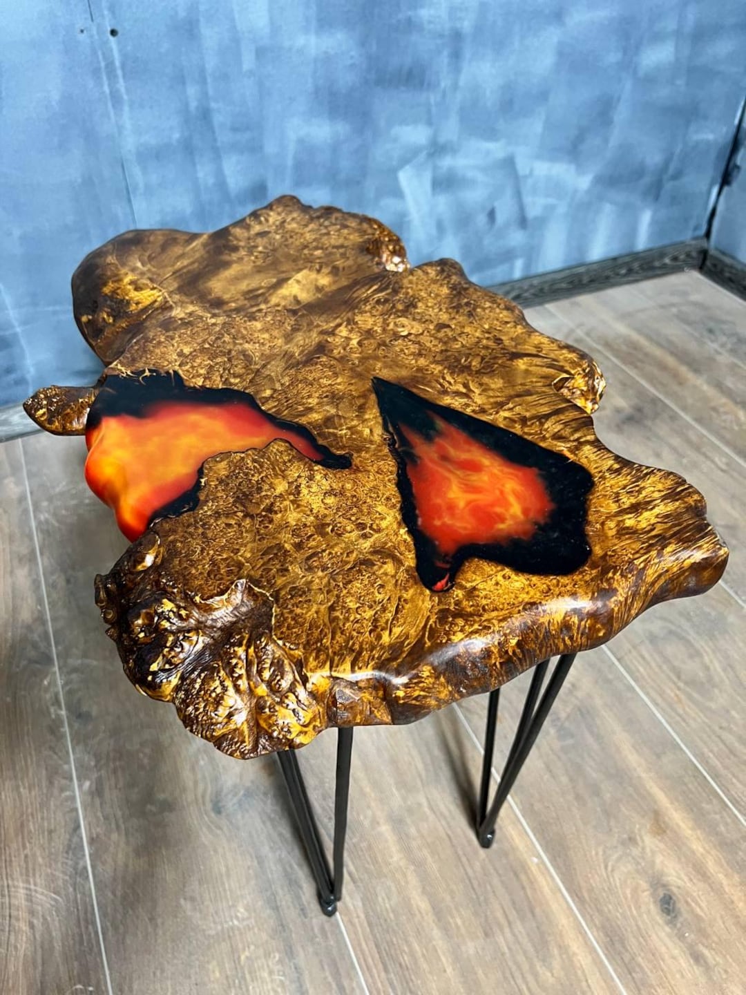 Maple Wood and Orange Epoxy Resin Coffee Table, Live Edge Center Table ...