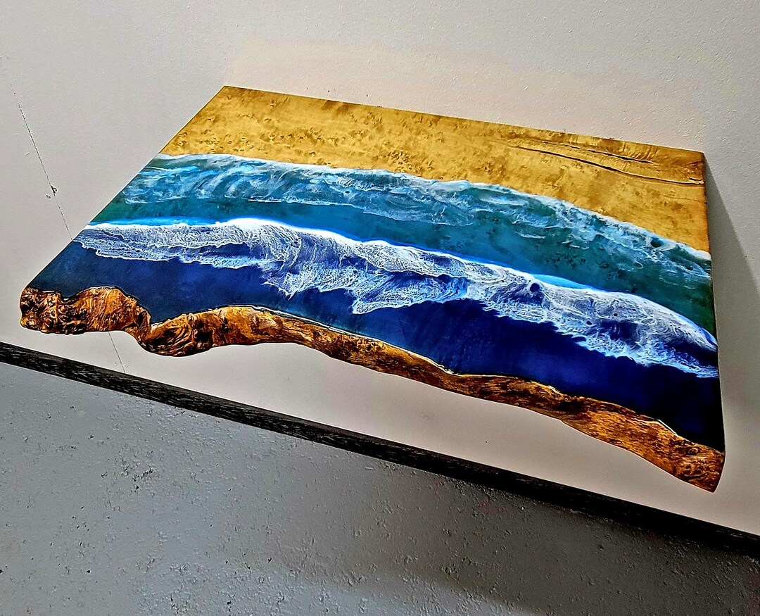 Wood Epoxy Live Edge Floating Shelf, Sea Wave Resin Shelf, Ocean Wave ...