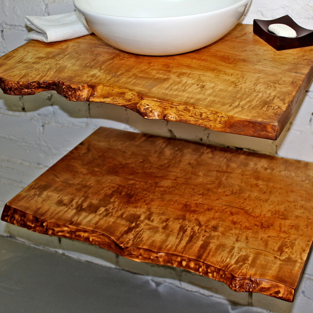 Rustic Maple Wood Double Bathroom Shelf, Live Edge Vanity, Under Sink ...