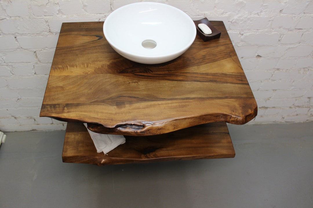 Live Edge Floating Double Walnut Wood Shelf, Bathroom Countertop, Solid ...