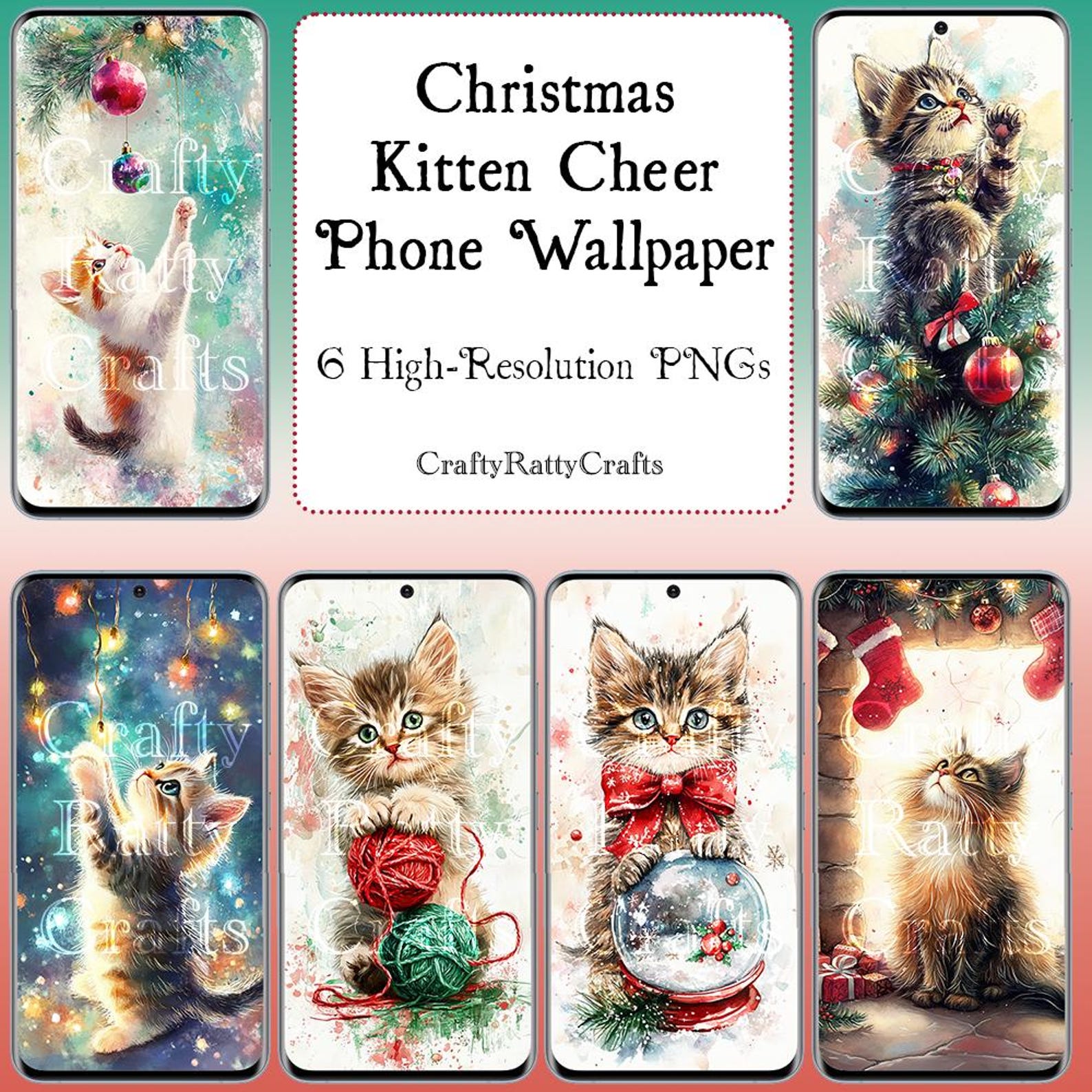 Christmas Kitten Cheer Phone Wallpapers | High Resolution PNG Files ...
