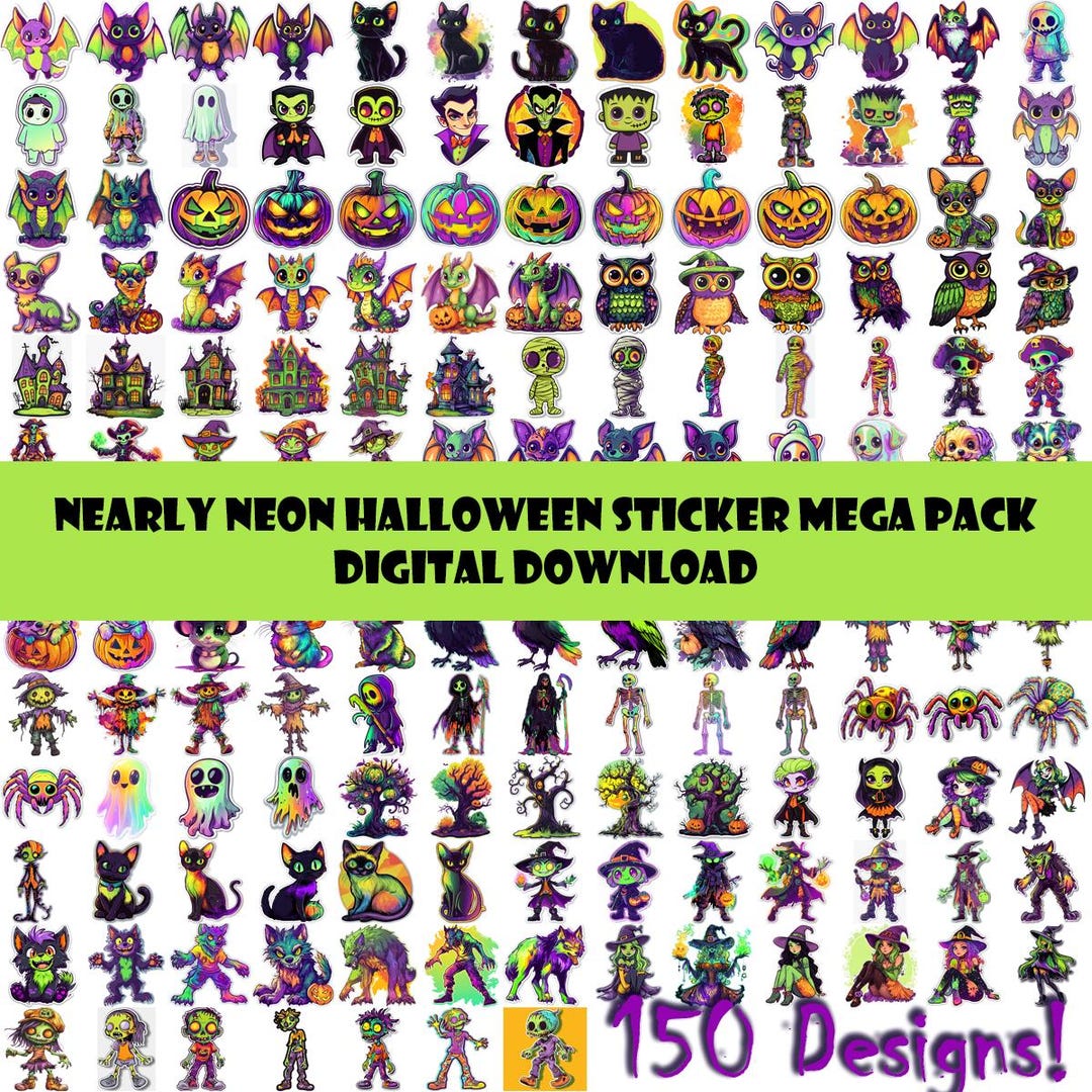 Nearly Neon Halloween Sticker Mega Pack - Digital Download - 150 Images ...
