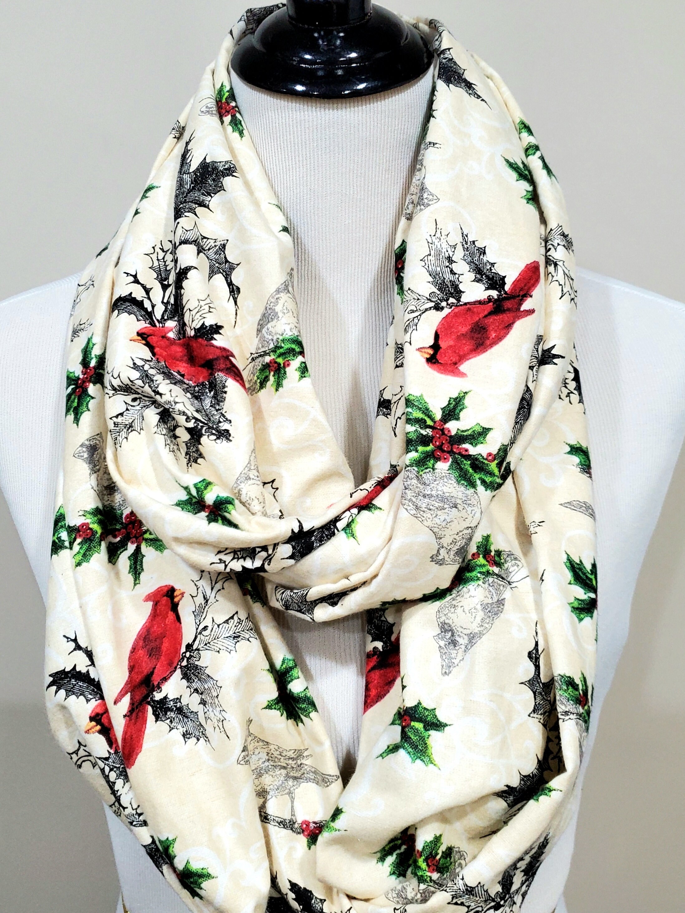 Cardinal and Holly Soft Flannel Infinity Scarf - Etsy