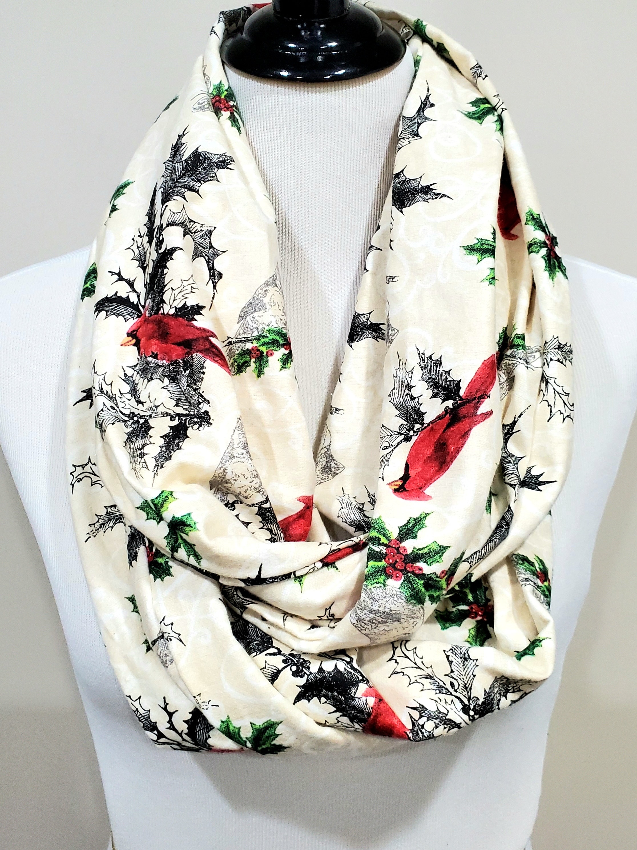 Cardinal and Holly Soft Flannel Infinity Scarf | Etsy