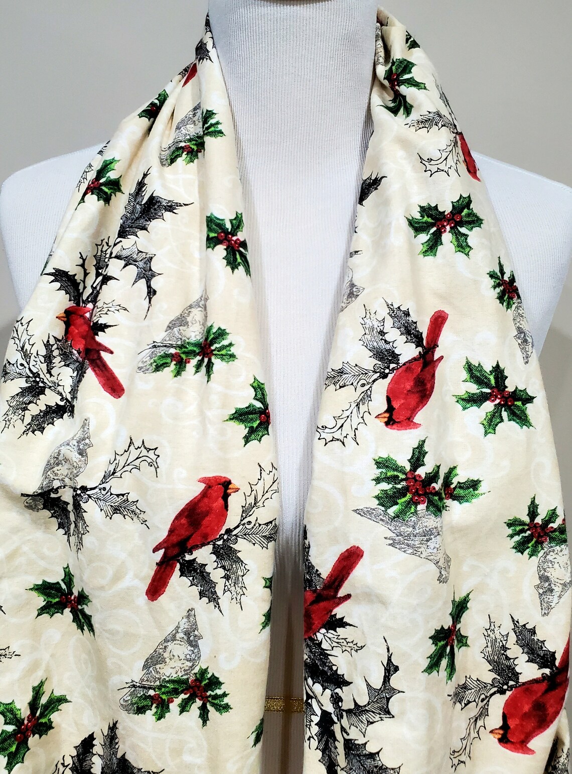 Cardinal and Holly Soft Flannel Infinity Scarf | Etsy