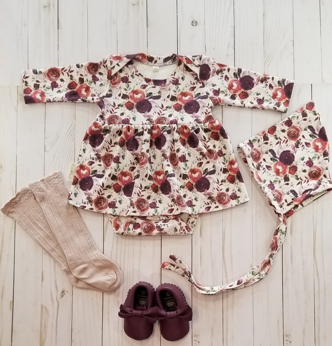 Organic Fall Baby Girl Dress, Floral Print Baby Bodysuit, Winter Baby ...
