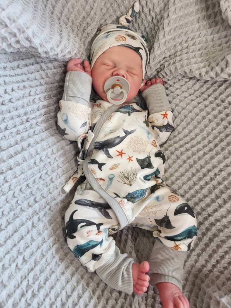 Organic Cotton Ocean Print Kimono Romper: Baby Outfit With Headband/hat ...