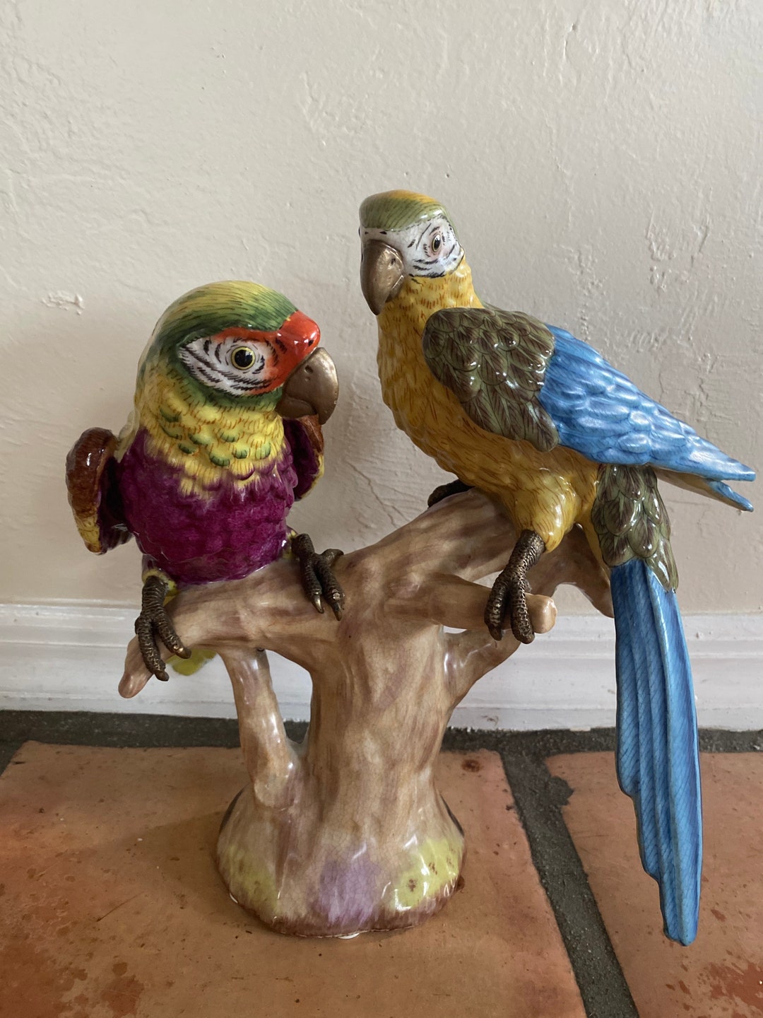 Vintage Ceramic Parrot Macaw Statue Hand Painted Lifelike With Brass ...