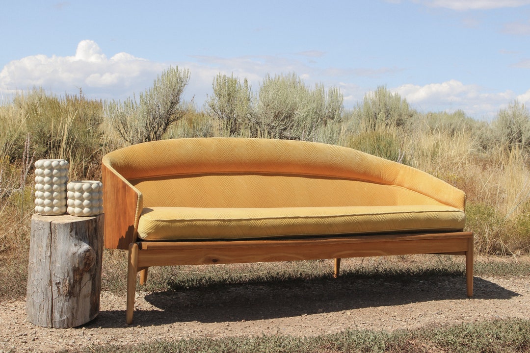 VTG Yellow Velvet Curved Round Sofa Sculpted Couch Mid Century Modern ...