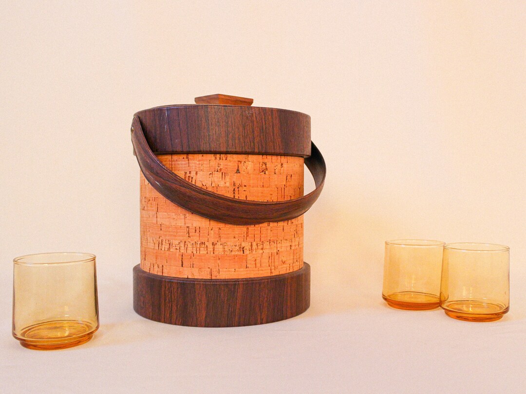 Mid Century Cork and Leather Ice Bucket Danish Modern Bar Cart Decor ...