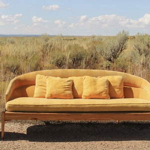 VTG Yellow Velvet Curved Round Sofa Sculpted Couch Mid Century Modern ...