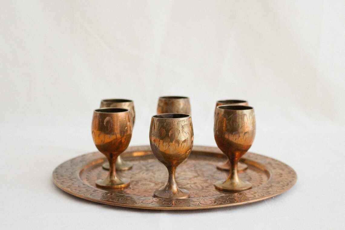 Brass Goblet and Tray Set Miniature Wine Goblets Brass Serving - Etsy