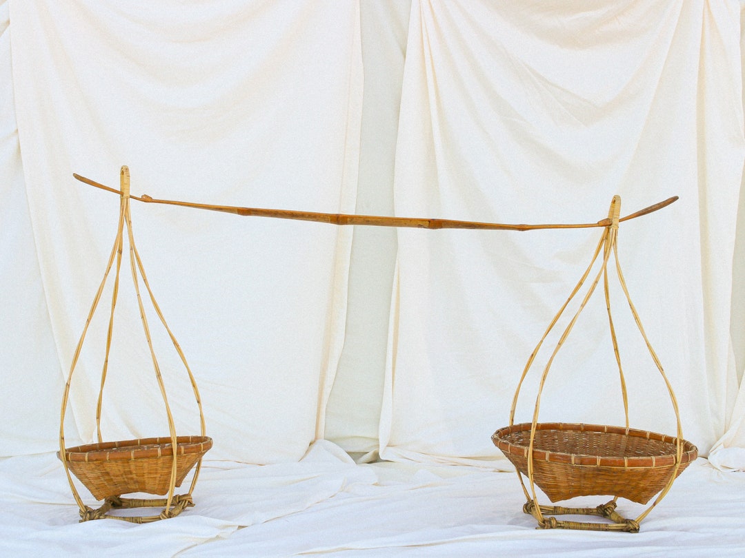 Indonesian Carrying Pole With Baskets Extra Large Handwoven Rattan ...