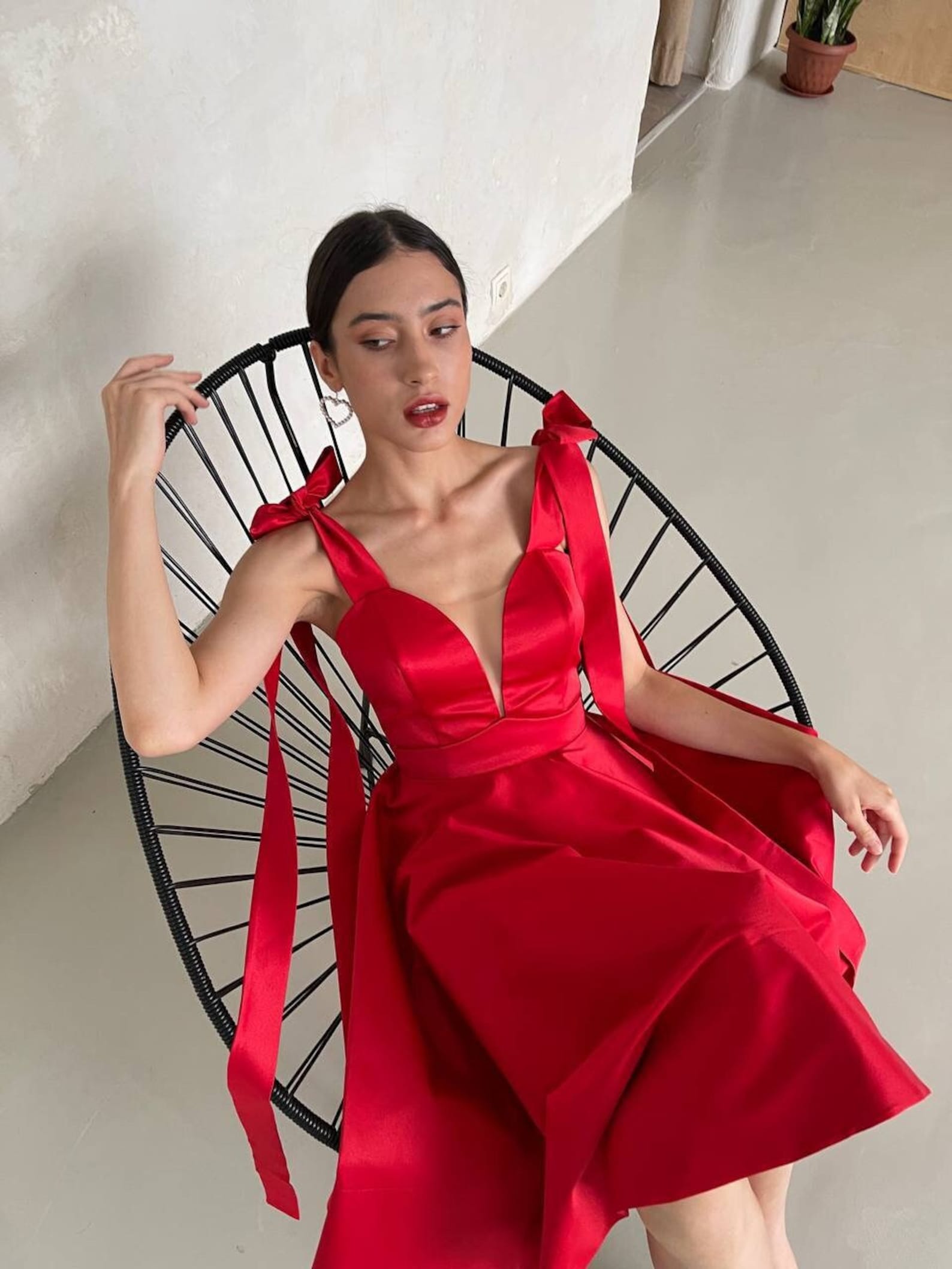 Red Tea Length Dress. Midi Cocktail Gown. Red Wedding Dress. Bridesmaid ...