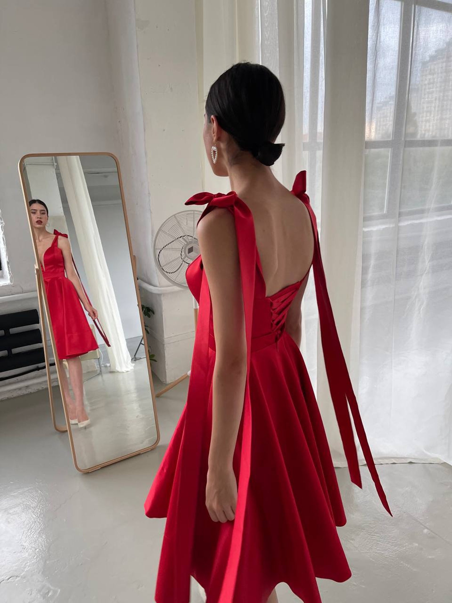 Red Tea Length Dress. Midi Cocktail Gown. Red Wedding Dress. Bridesmaid ...