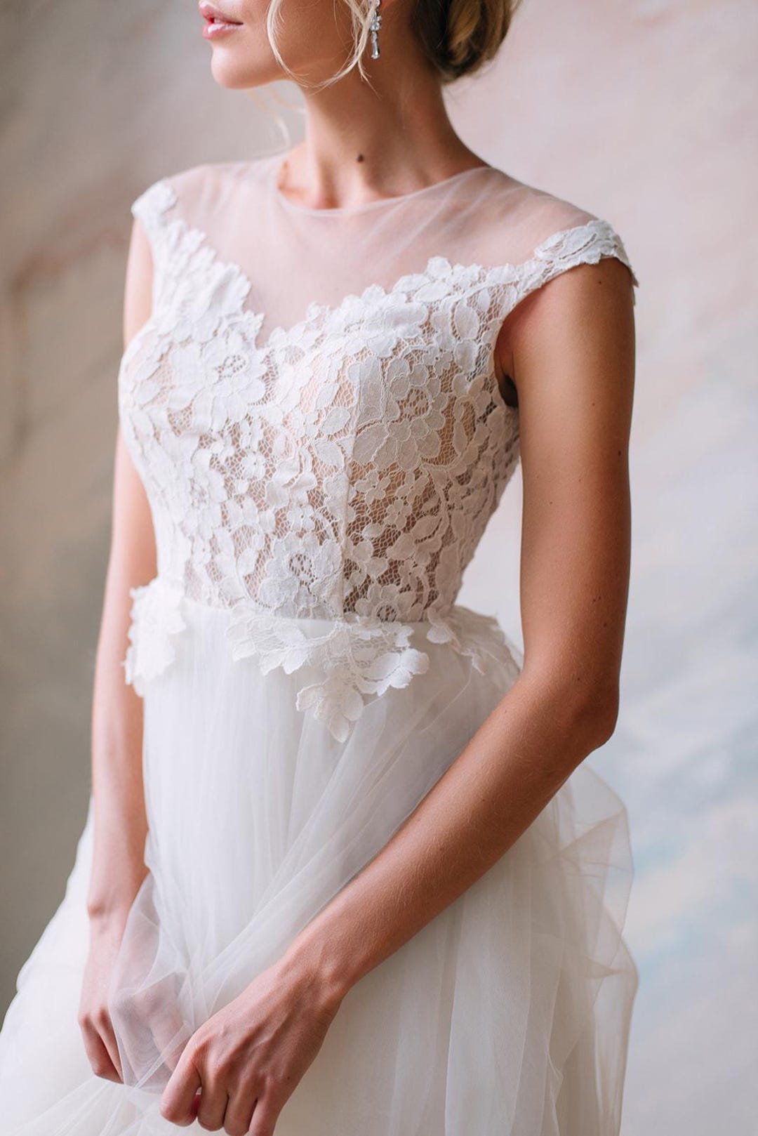 Elegant Lace Wedding Dress With Soft Bodice, Short Sleeves, Open Back ...