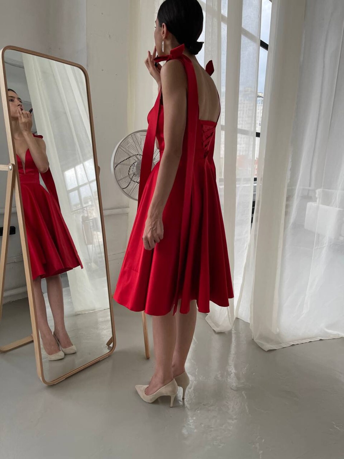 Red Tea Length Dress. Midi Cocktail Gown. Red Wedding Dress. Bridesmaid ...