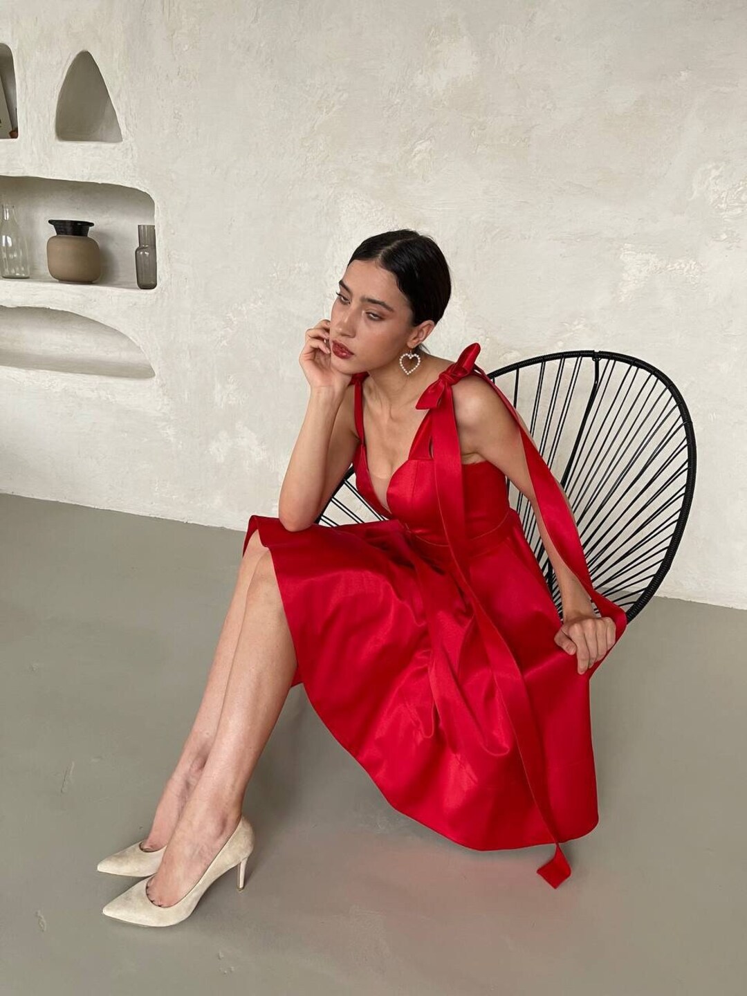 Red Tea Length Dress. Midi Cocktail Gown. Red Wedding Dress. Bridesmaid ...