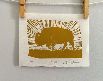 Original Hand-pressed Limited Edition Bison Linocut Print Dusty Buffalo ...