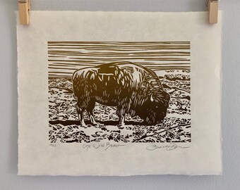 Original Hand-pressed Limited Edition Bison Linocut Print Dusty Buffalo ...
