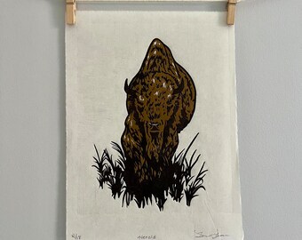 Original Hand-pressed Limited Edition Bison Linocut Print Dusty Buffalo ...