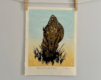 Original Hand-pressed Limited Edition Bison Linocut Print Dusty Buffalo ...