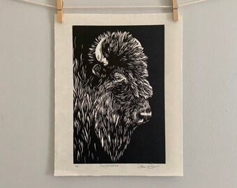 Original Hand-pressed Limited Edition Bison Linocut Print Dusty Buffalo ...
