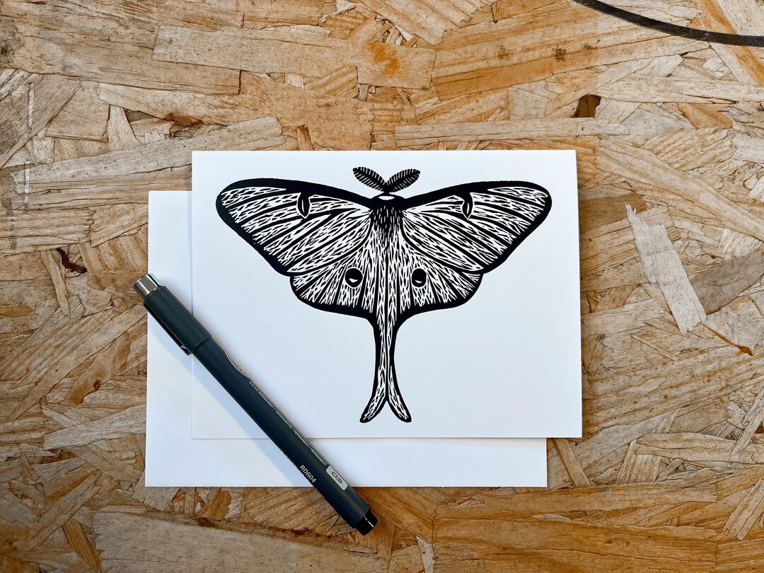 Blank Fine Art Greeting Card, 4x6 - Luna Moth Linocut Print ...