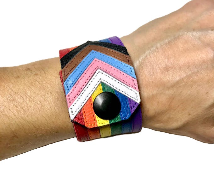 Progress Pride Cuff: All-inclusive. Leather Bracelet, LGBT Rainbow ...