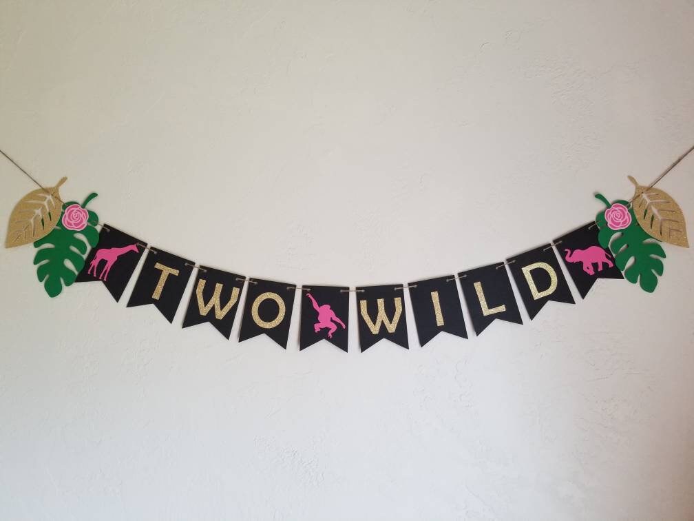 Girly Two Wild Birthday Banner, 2nd Birthday, Flowers, Jungle, Pink ...