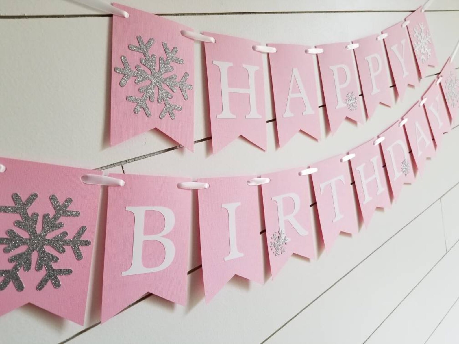 Winter Wonderland Happy Birthday Banner Pink Silver | Etsy