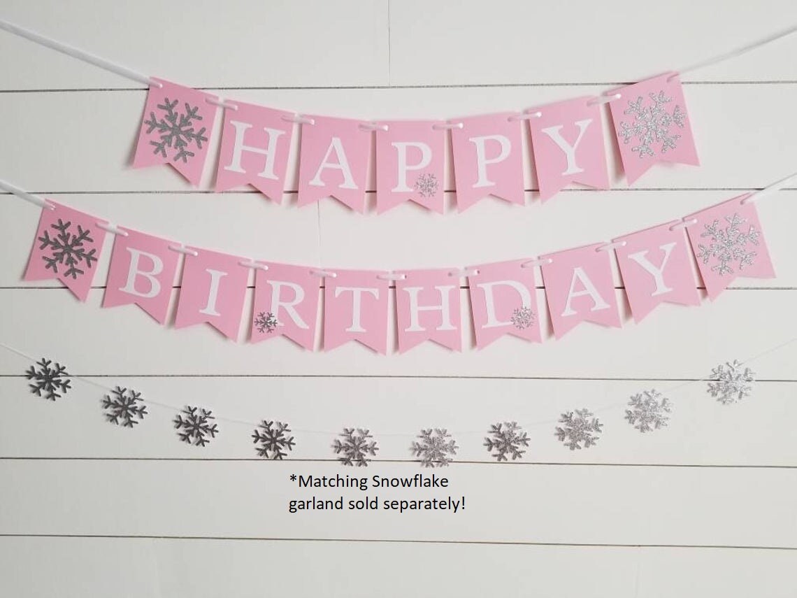 Winter Wonderland Happy Birthday Banner, Pink, Silver, Snowflake ...