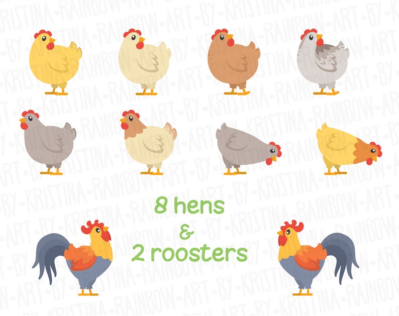 Cute Chickens,coop Clipart,farm Animals,rooster,chick,hen,digital ...