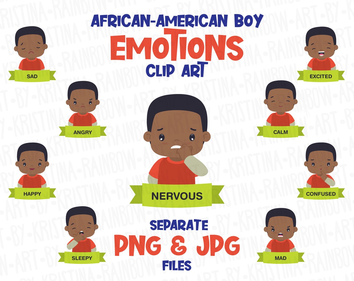 African American Boy Emotions Clip Art: Kawaii Kids Expressions (PNG ...