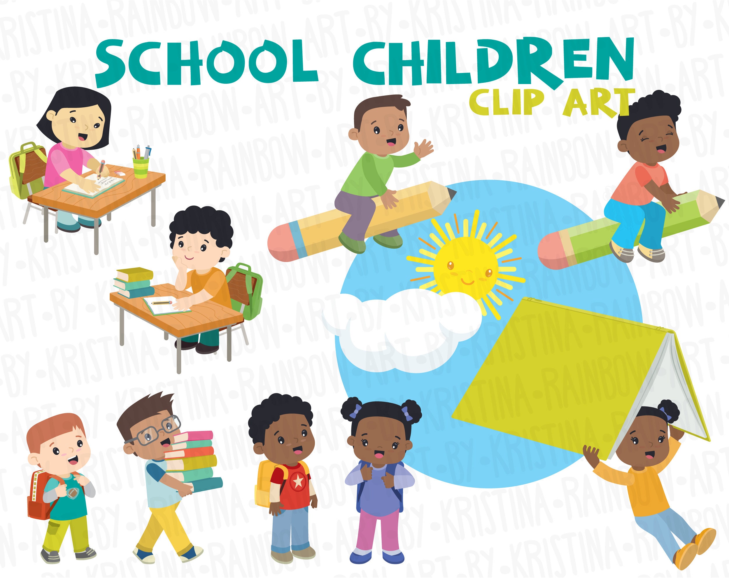 Multi Ethnic Back to School Children Clip Art, Kids With Backpacks ...