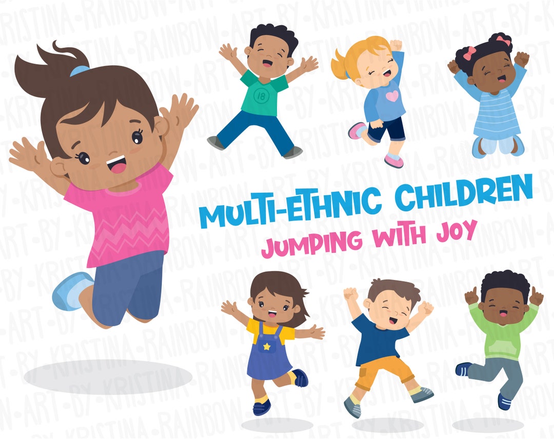 Multi Ethnic Children Jumping With Joy, Clip Art, Caring Kids, Happy ...