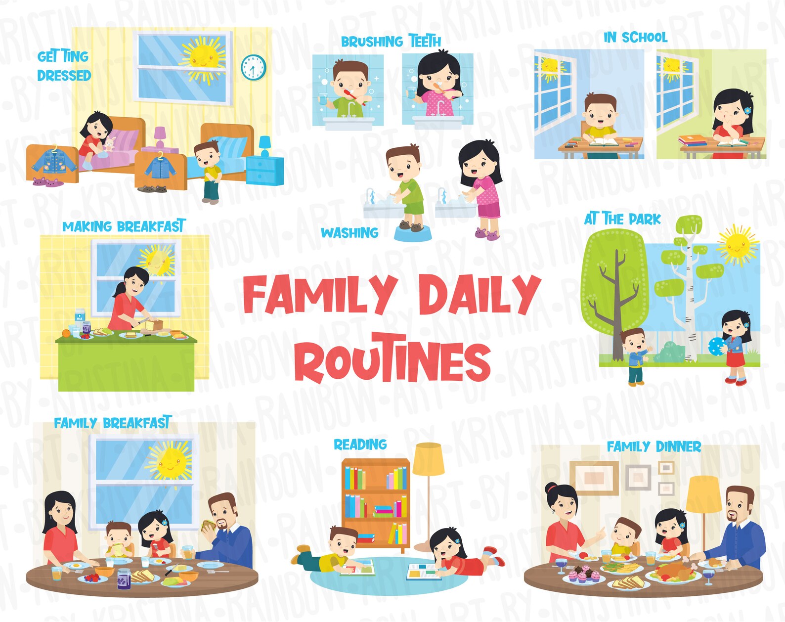 Family Daily Routines Clip Art, Visual Schedule Illustration, Going to ...