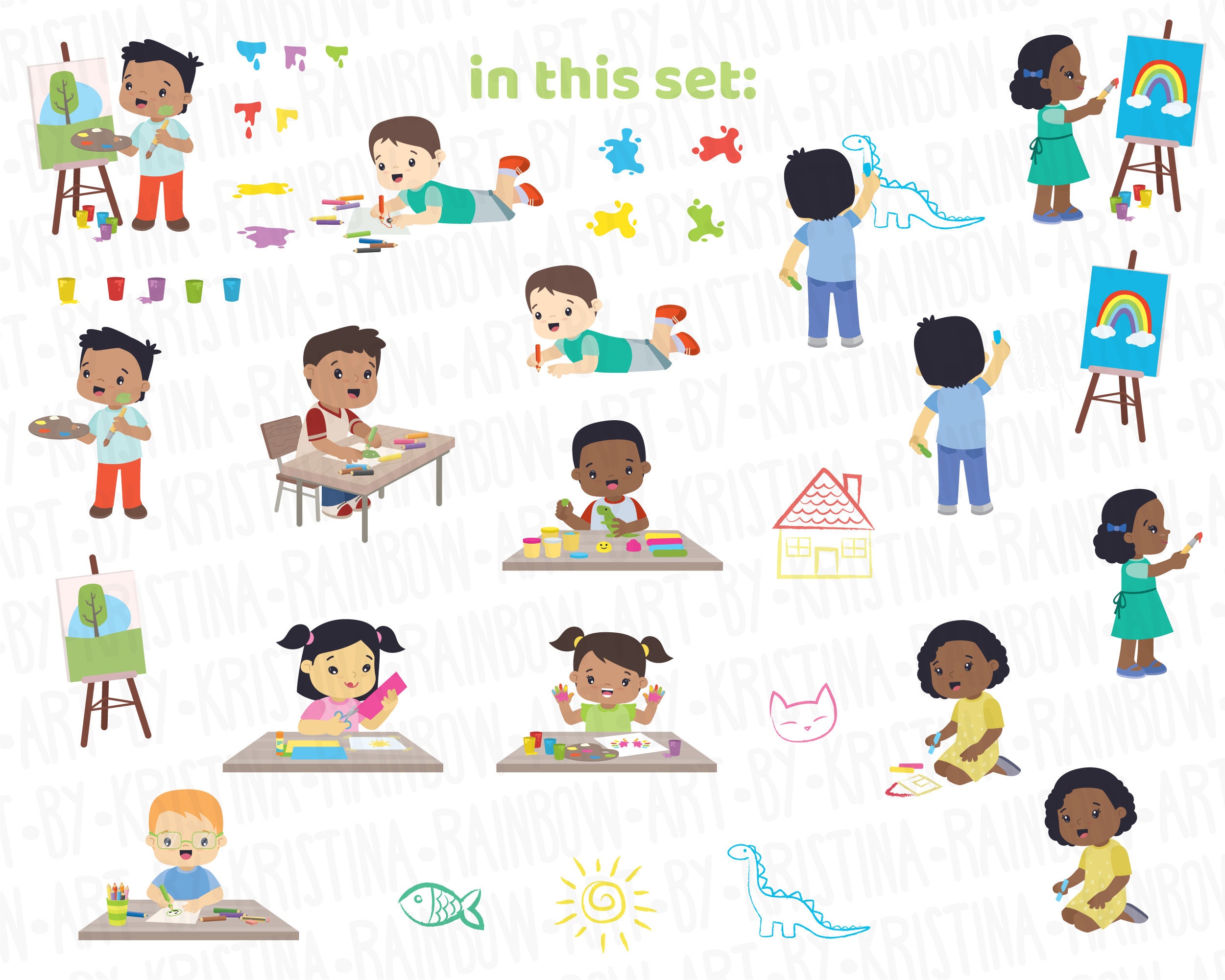 Kids Art Clip Art: Multi-ethnic Children Painting & Drawing (PNG, JPG ...