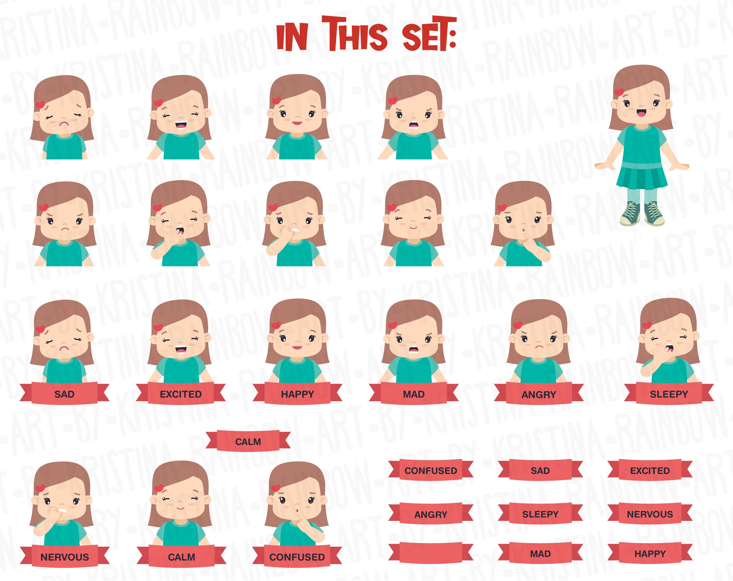 Light Skin Little Girl Emotions Clip Art, Kids Expression, Teachers Aid ...