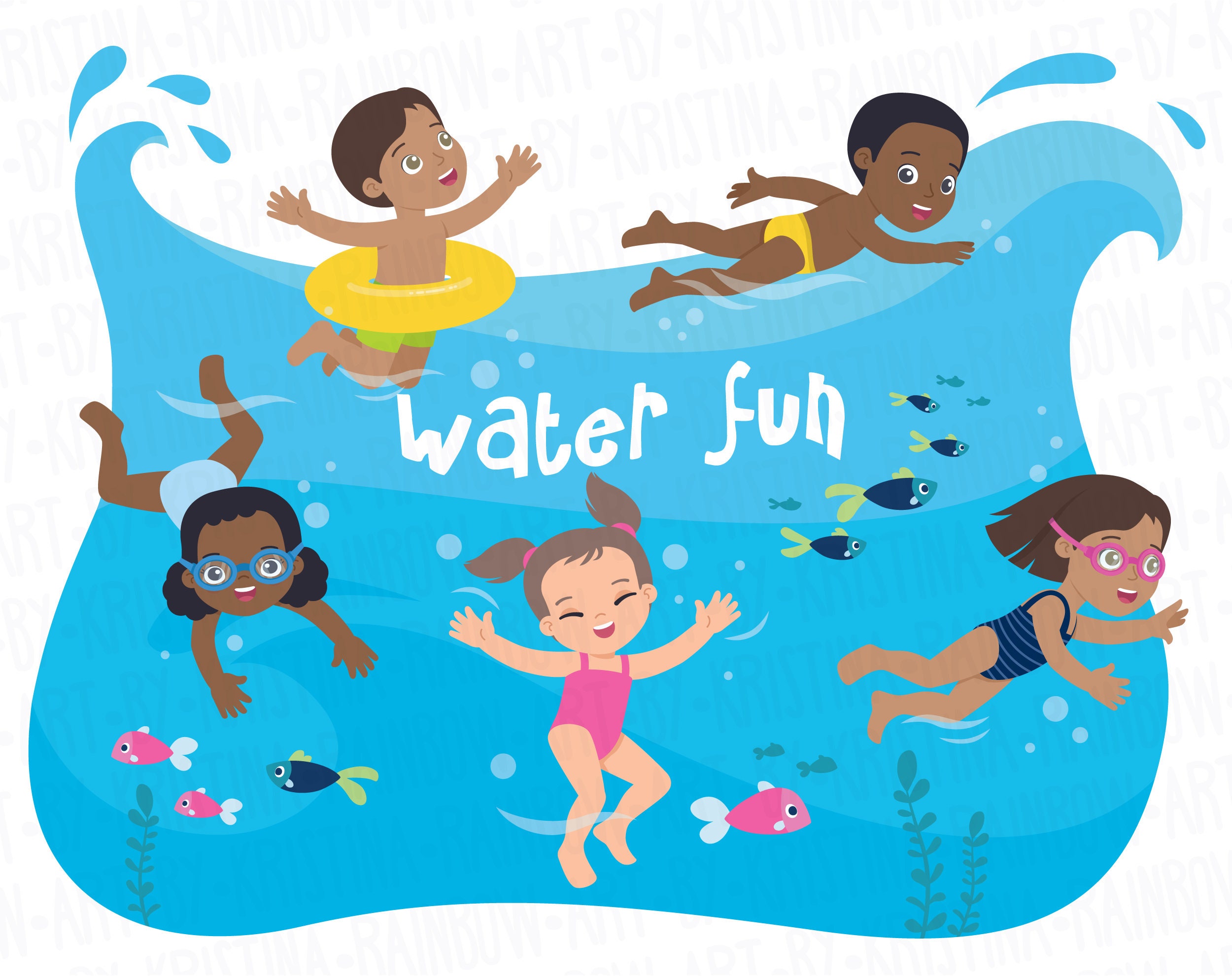 Multiethnic Children Swimming and Diving Clip Art,summer by the Sea ...