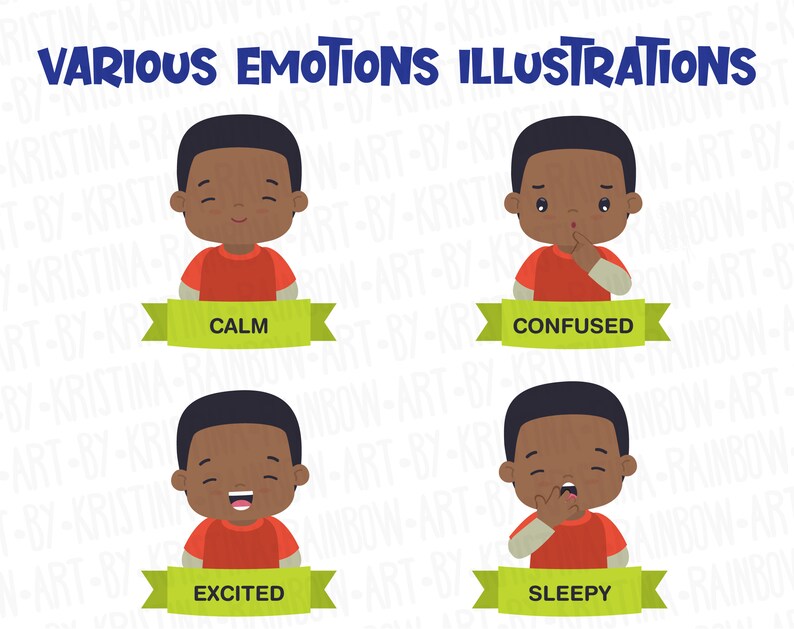 African American Boy Emotions Clip Art: Kawaii Kids Expressions (PNG ...