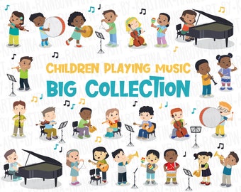 School Kids With Music Instruments Clipart Set - 20 PNG Kids Playing ...