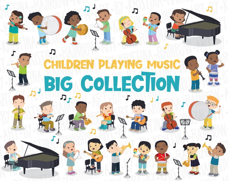 Multi-ethnic Children Music Clip Art: School Band Bundle (digital ...