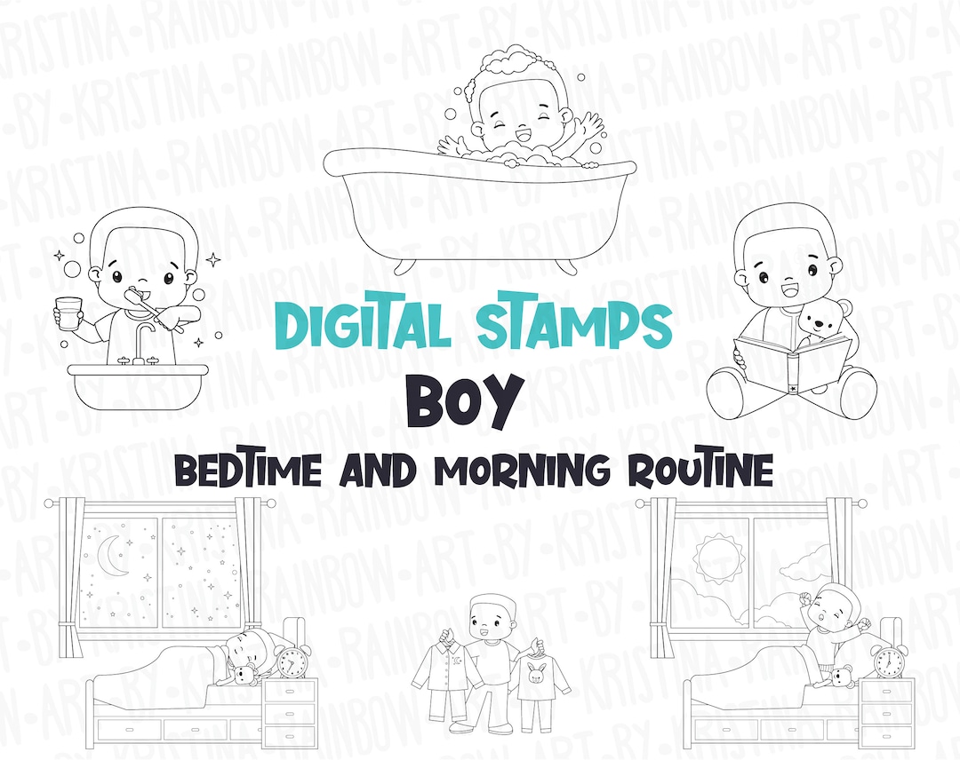 Morning and Bedtime Boy Routine Digital Stamps Black and White Clip Art ...