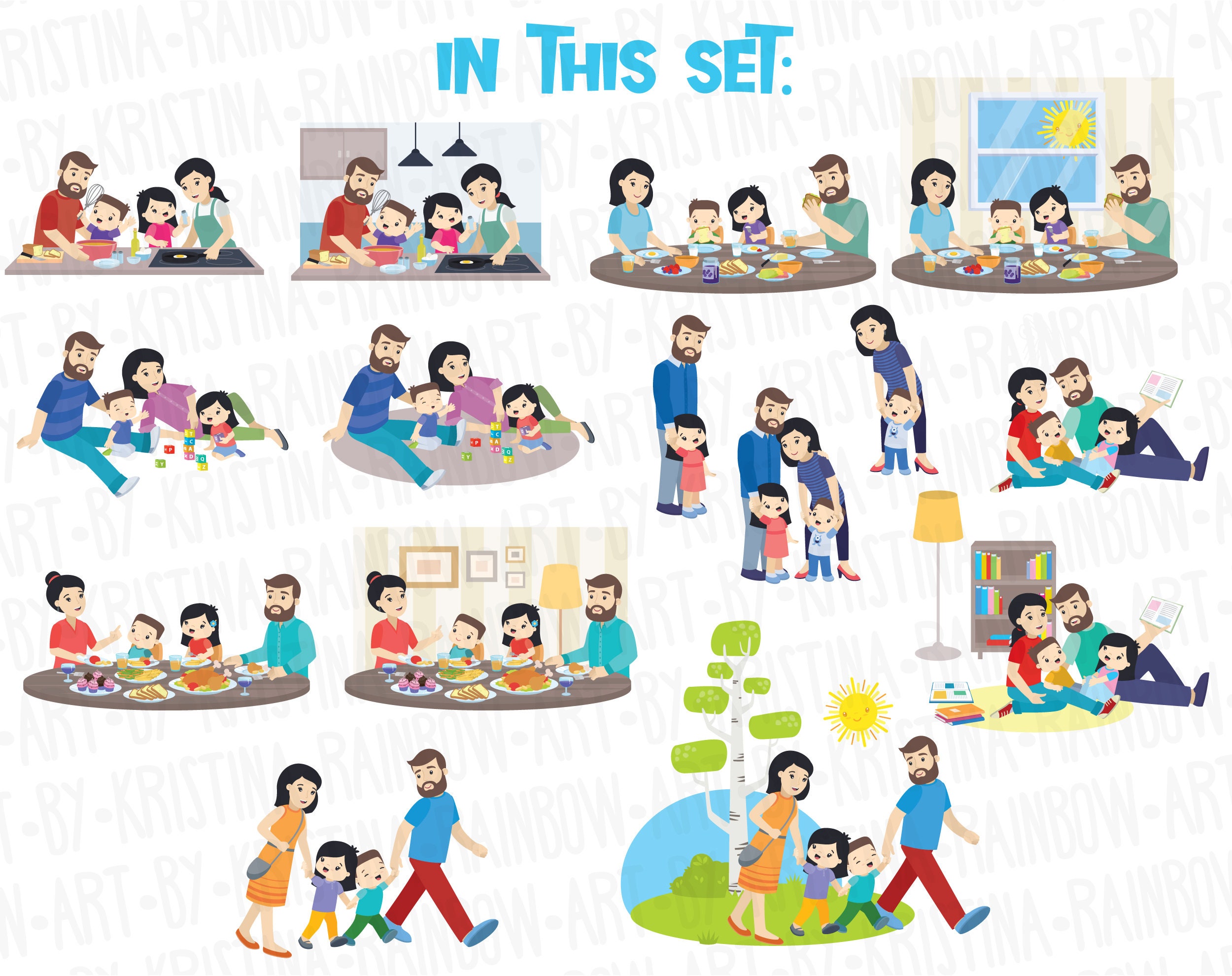 Happy Family Clip Art, Family Dinner, Family Playing, Family Hugging ...