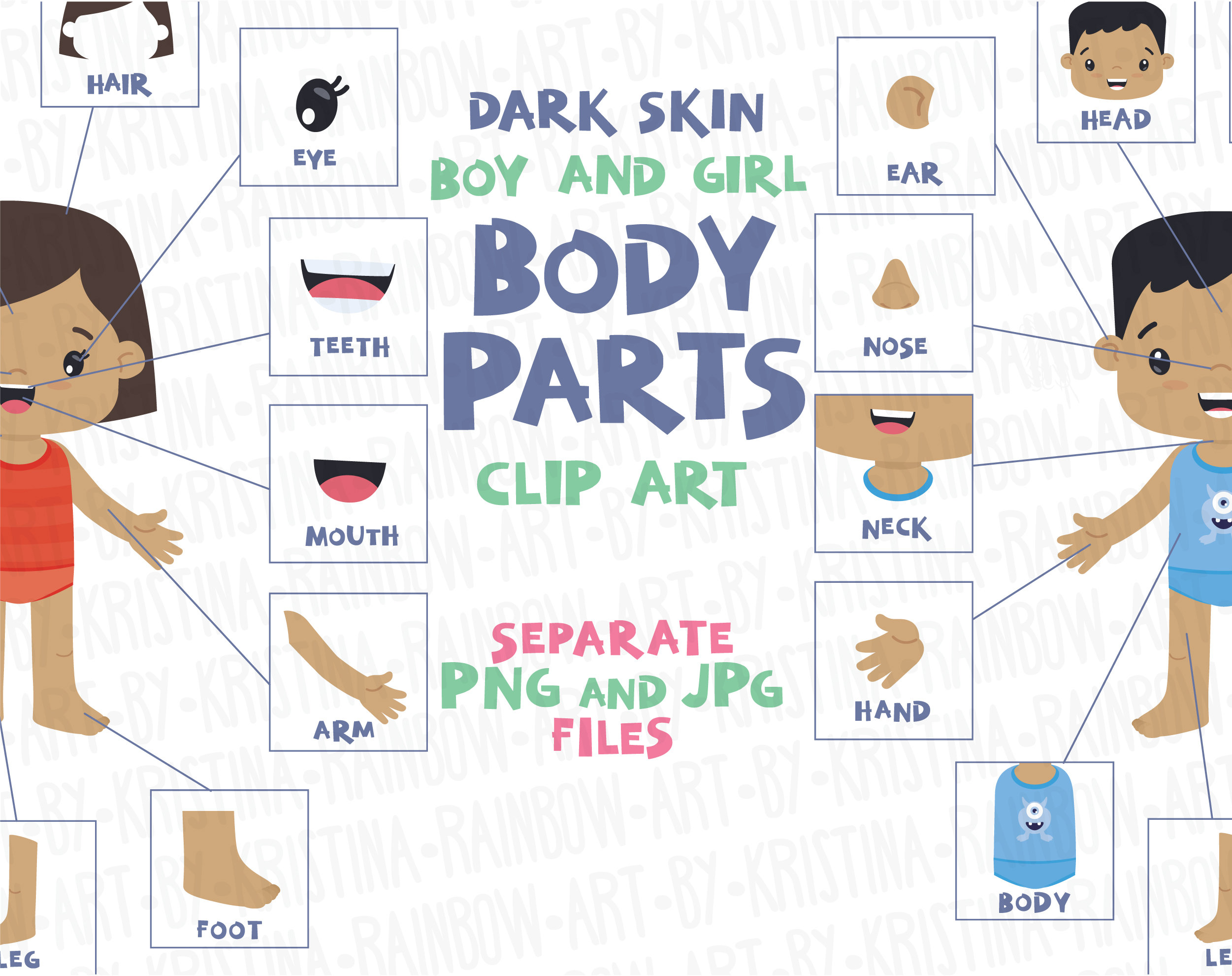 Dark Skin Boy and Girl Body Parts Clip Art, Visual Scheme Illustration ...