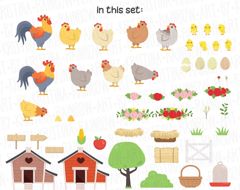 Cute Chickens,coop Clipart,farm Animals,rooster,chick,hen,digital ...