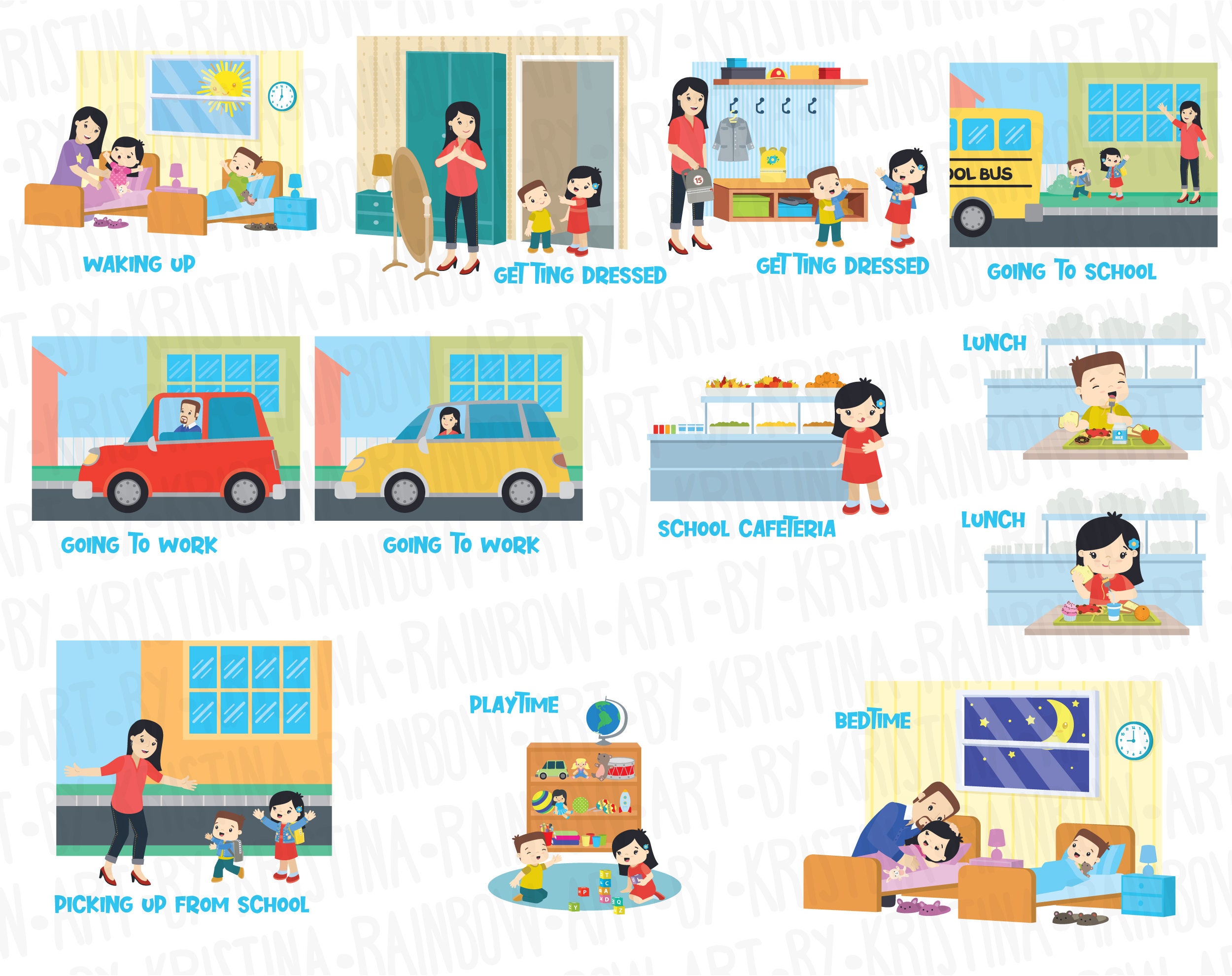 Family Daily Routines Clip Art, Visual Schedule Illustration, Going to ...